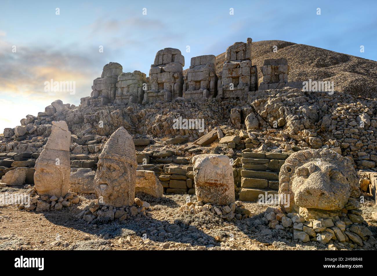 Ancient statues on top of the Nemrut Mountain in Adiyaman, Turkey. The ...