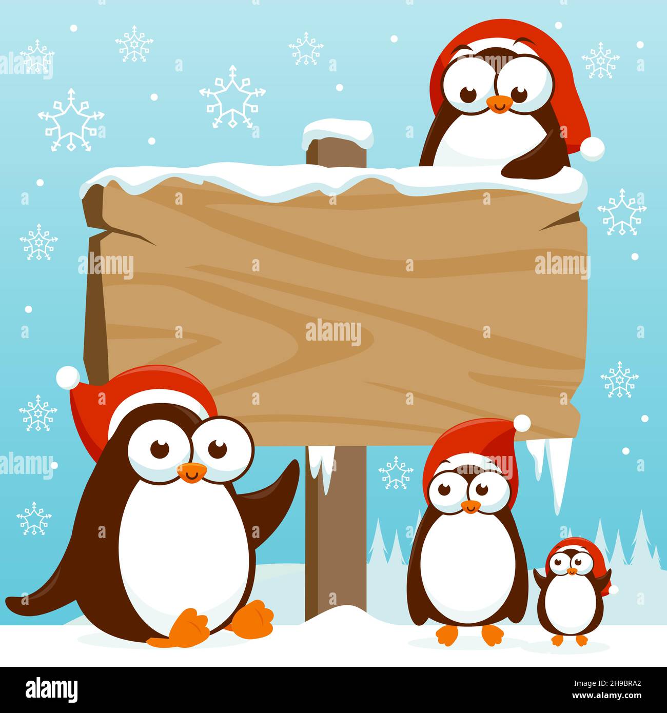 Christmas winter landscape with cute penguins and blank wooden sign ...