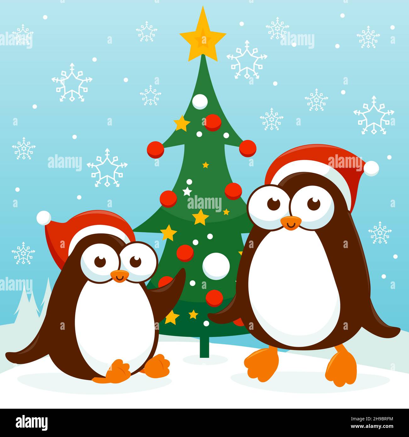 Christmas winter landscape with penguins and Christmas tree. Vector ...