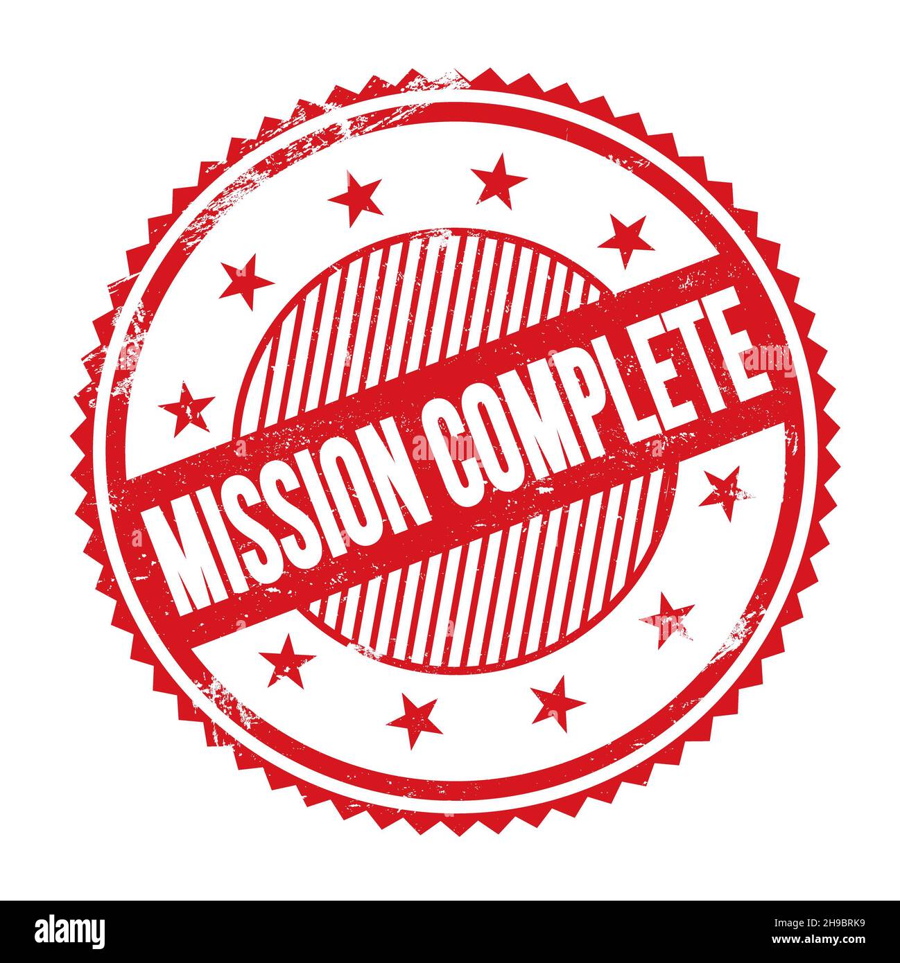 MISSION COMPLETE text written on red grungy zig zag borders round stamp ...