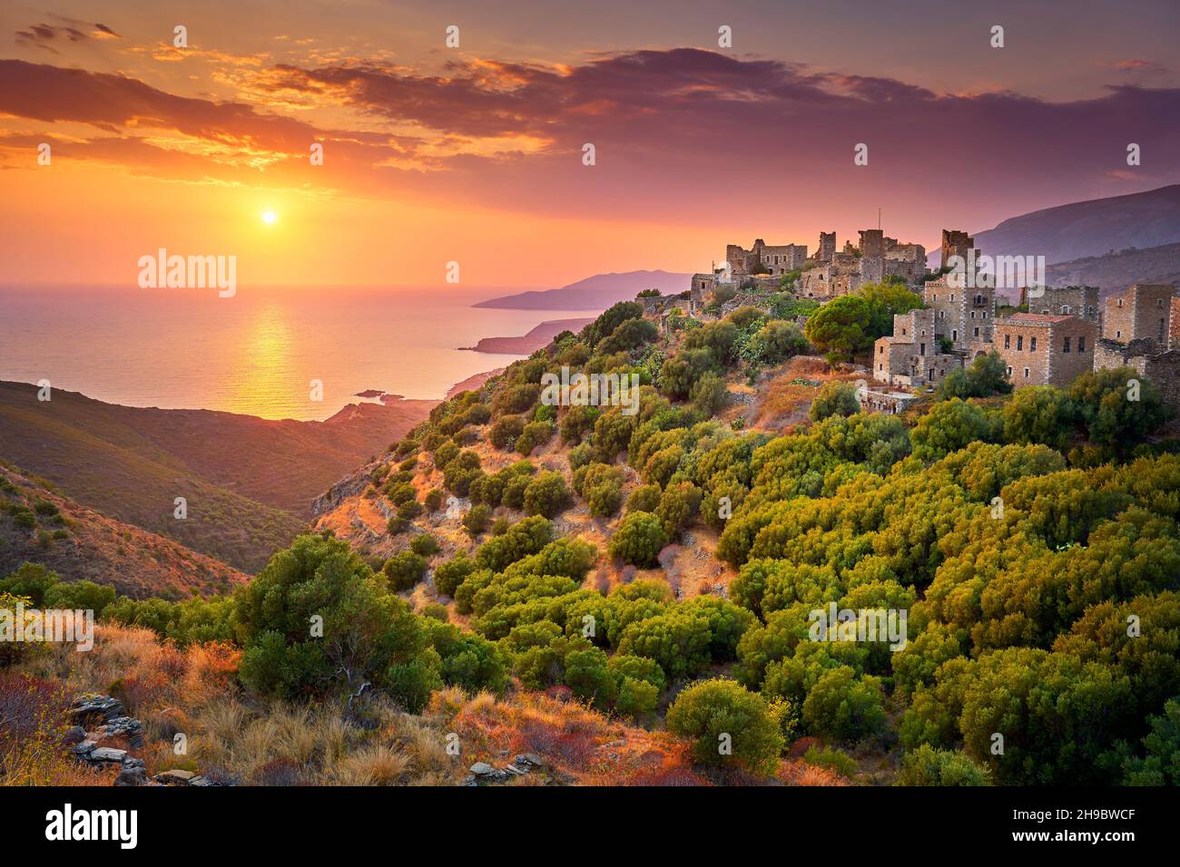Vathia at sunest, Mani, Peloponnese, Greece Stock Photo - Alamy