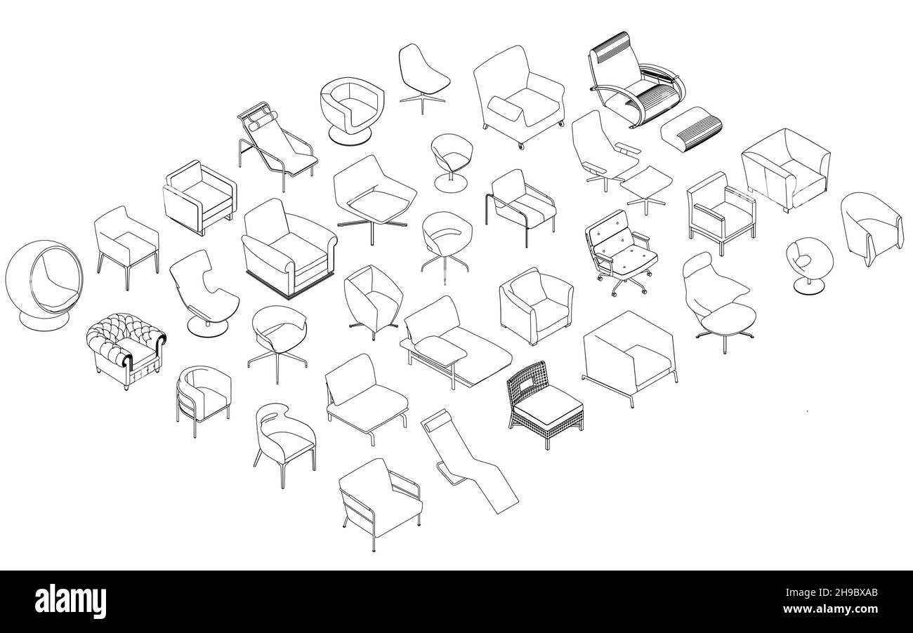 Large set of contours of armchairs and chairs from black lines isolated ...