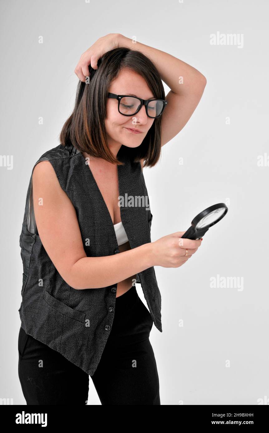 Curious woman On white Background Stock Photo - Alamy