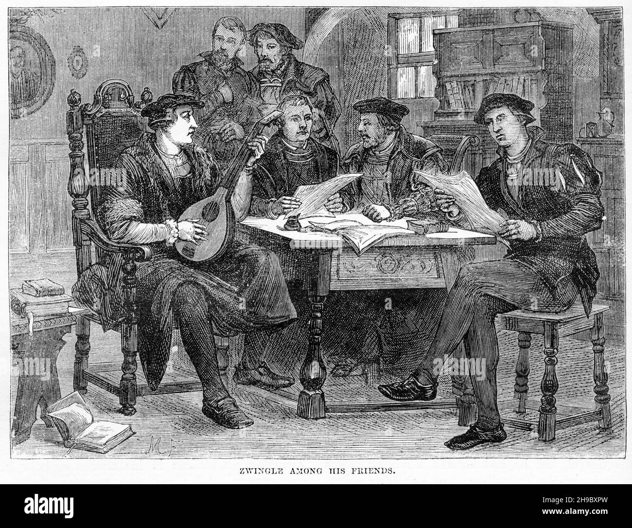 Engraving of the Swiss reformer Ulrich Zwingli relaxing with his ...