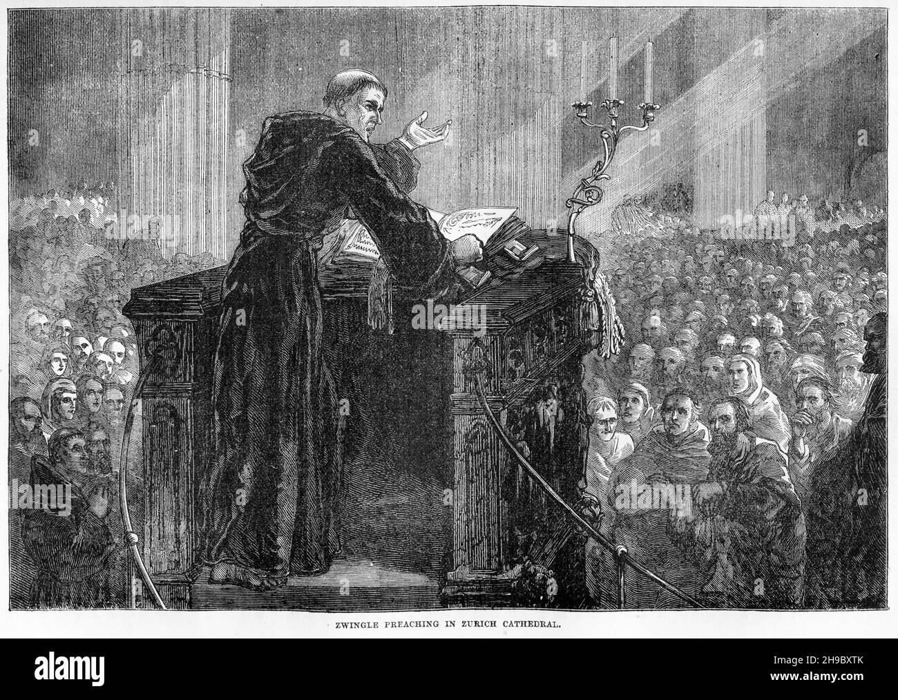 Engraving of Ulrich Zwingli preaching in Zurich Stock Photo - Alamy