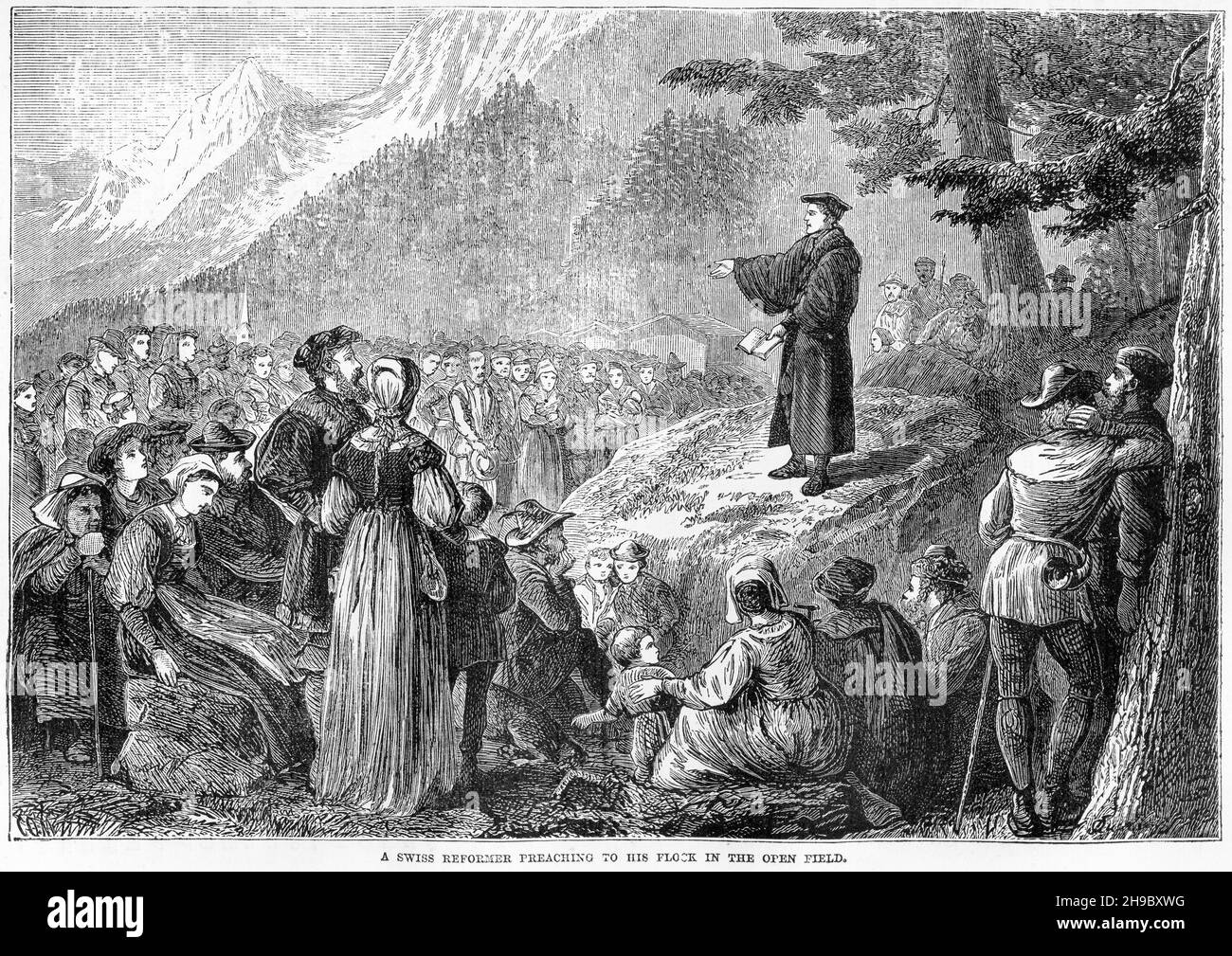 Engraving of a Swiss reformer preaching to his flock Stock Photo - Alamy