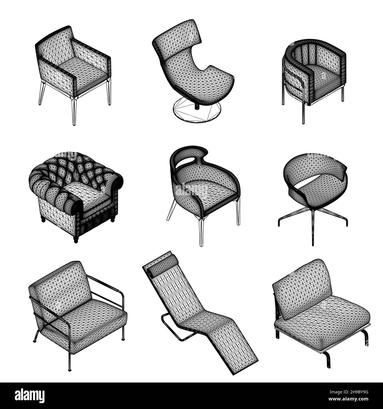 Set of armchairs and chairs wireframes from black lines isolated on white background. Isometric ...