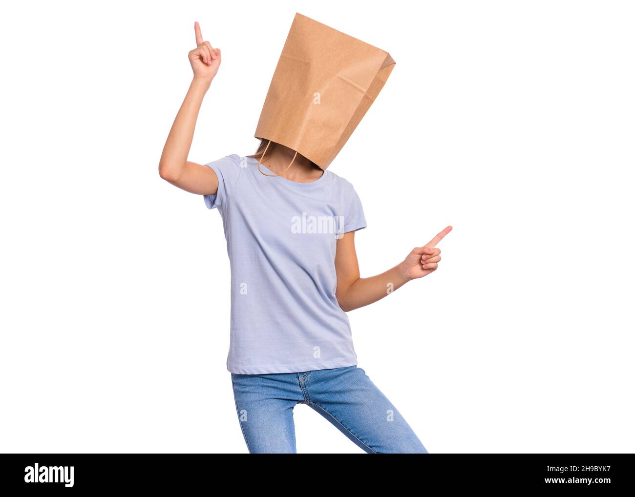 Girl with paper bag on her head dancing. Teenager cover face, isolated ...