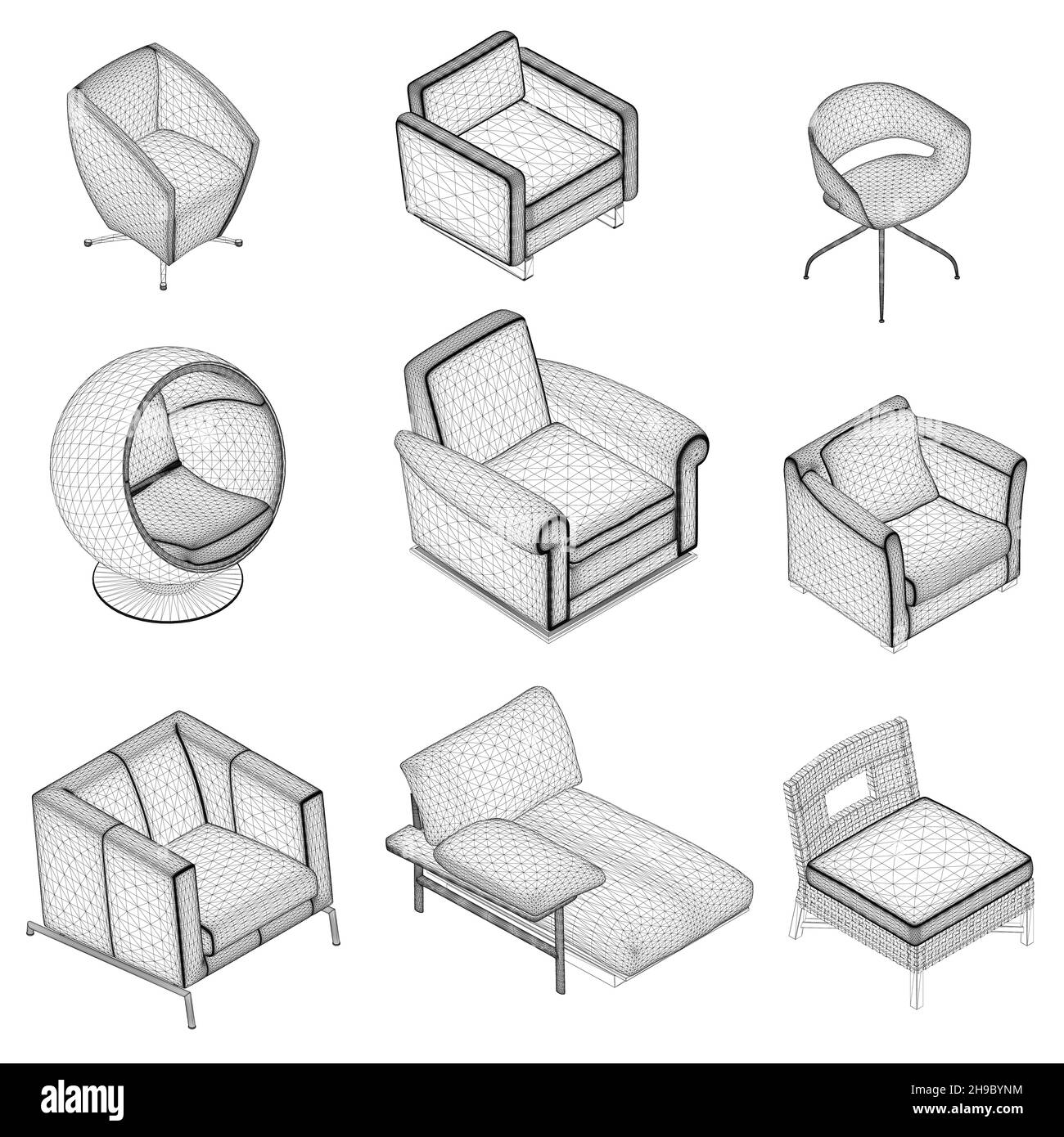 Set of armchairs and chairs wireframes from black lines isolated on white background. Isometric ...