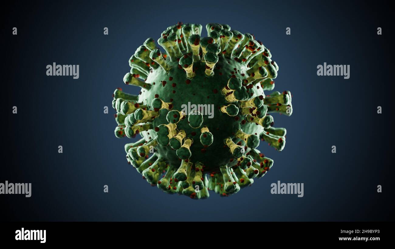 Illustration of a single green virus cell model against dark background ...