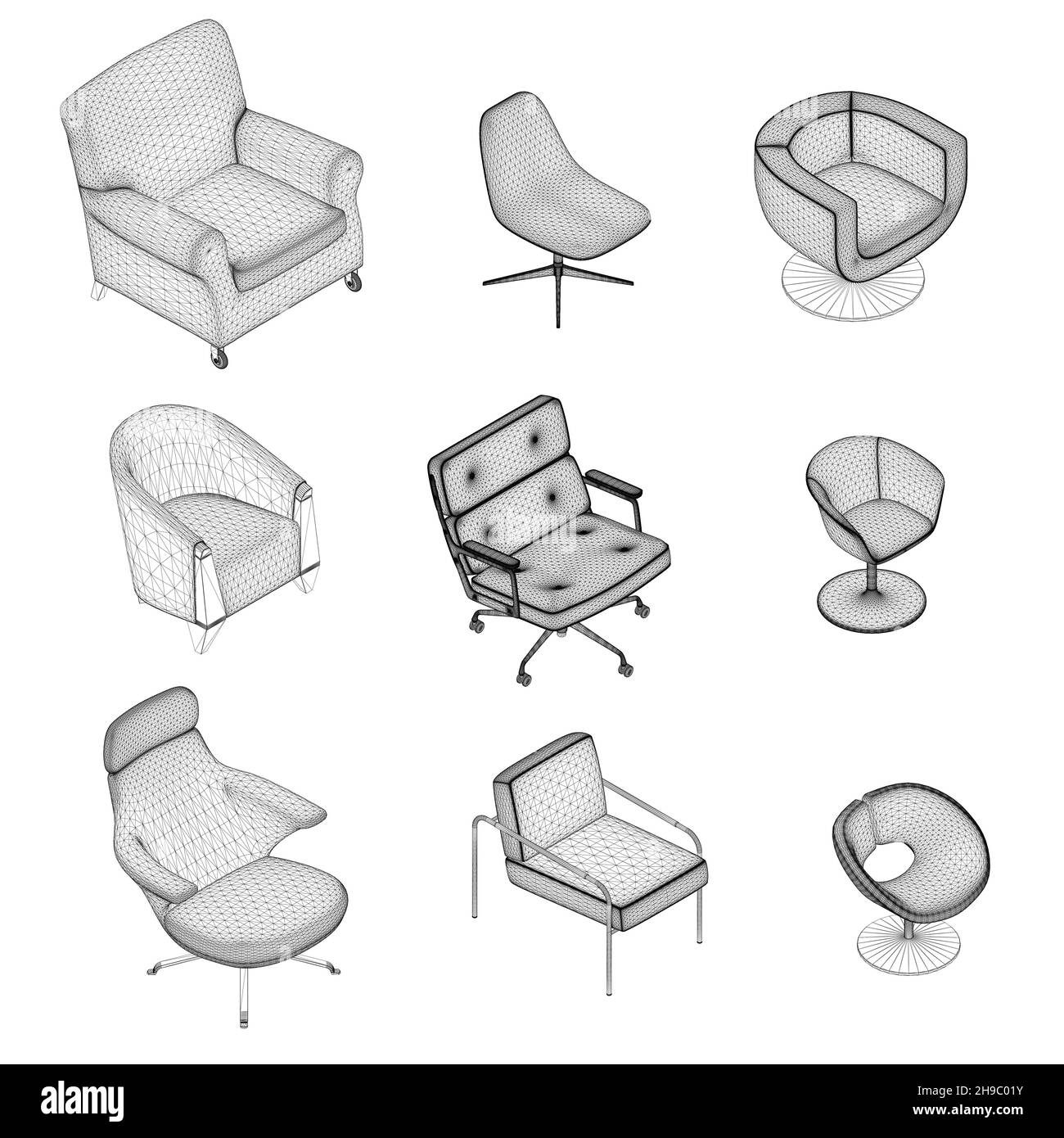 Set of armchairs and chairs wireframes from black lines isolated on white background. Isometric ...
