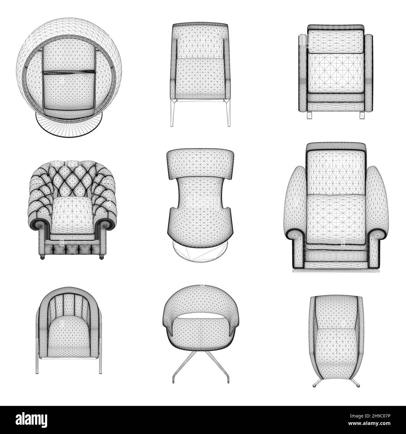 Set Of Armchairs And Chairs Wireframes From Black Lines Isolated On White Background Front View