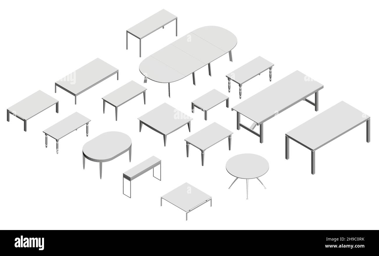 Set with white tables isolated on white background. Isometric view. 3D ...