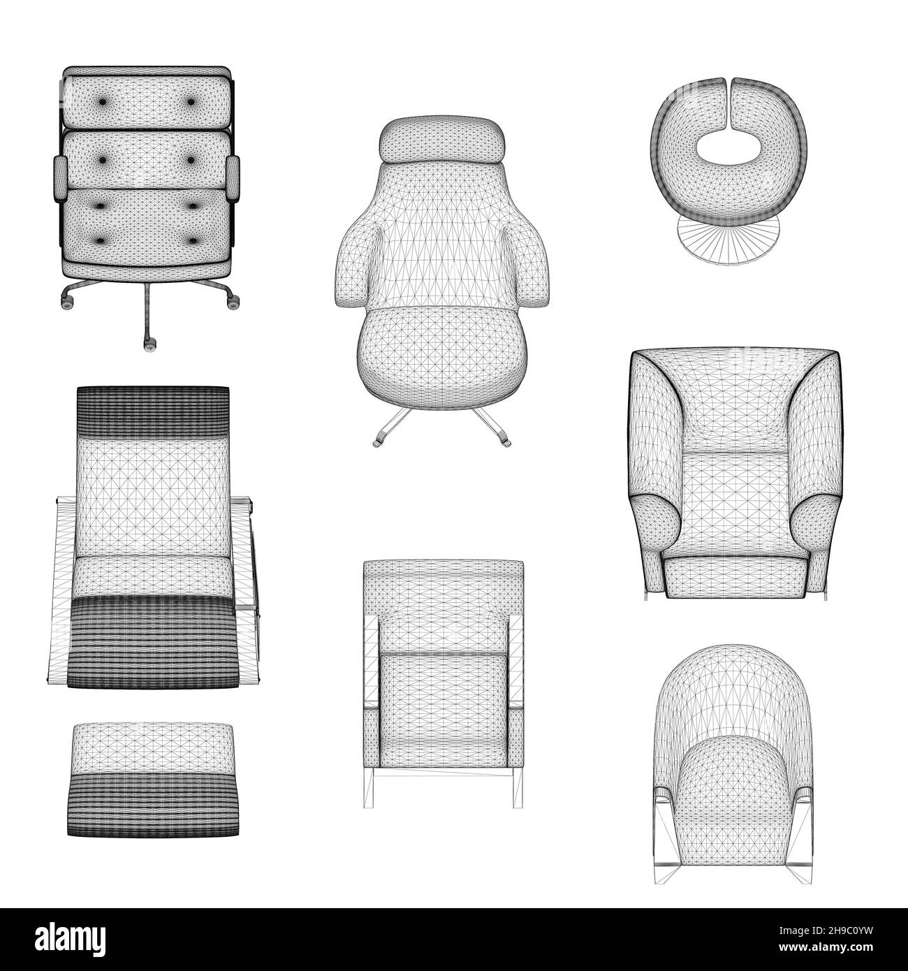 Set Of Armchairs And Chairs Wireframes From Black Lines Isolated On White Background Front View