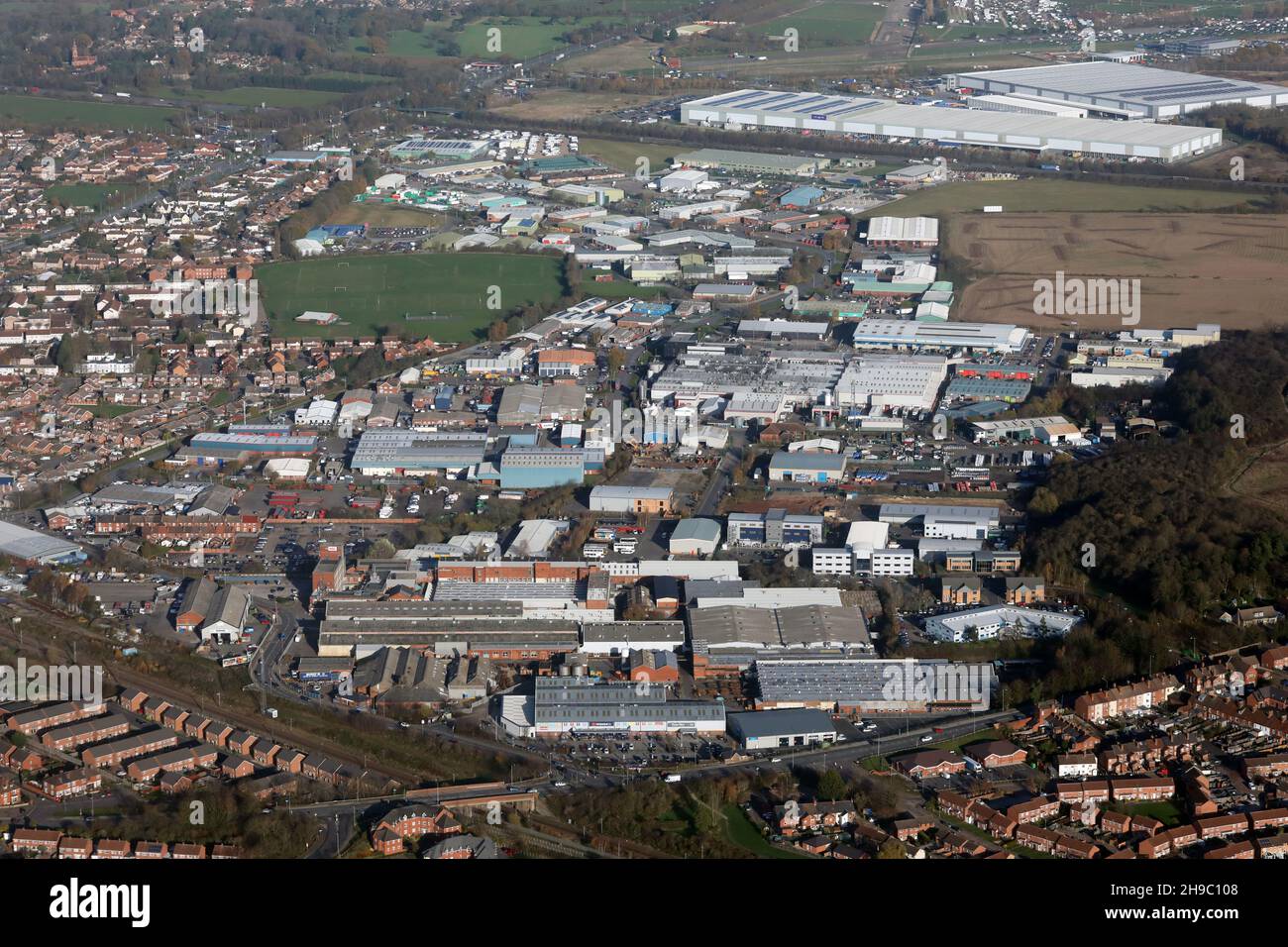 Aerial view of industry & businesses in Newark, Nottinghamshire ...