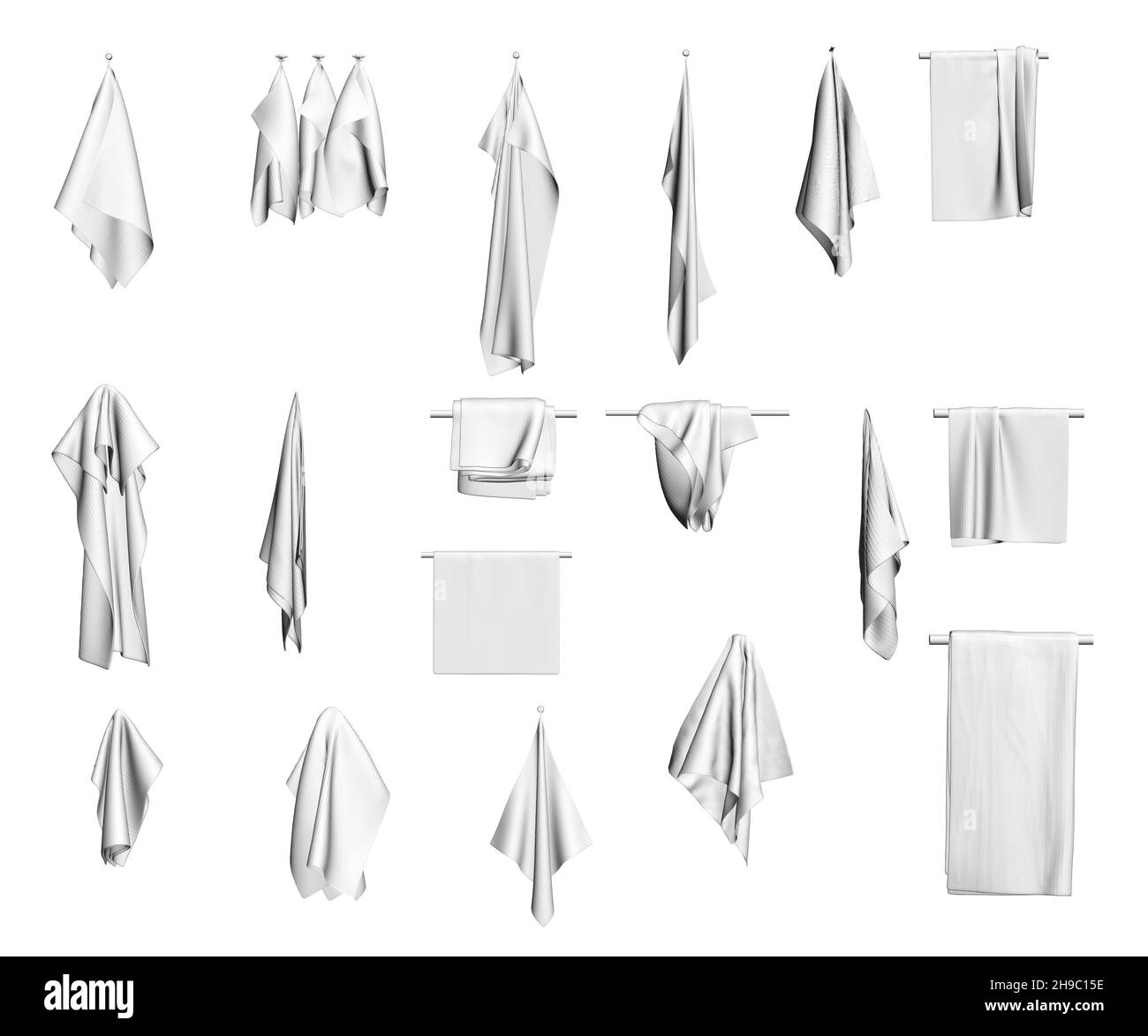 Set with white towels hanging on a hanger isolated on a white ...