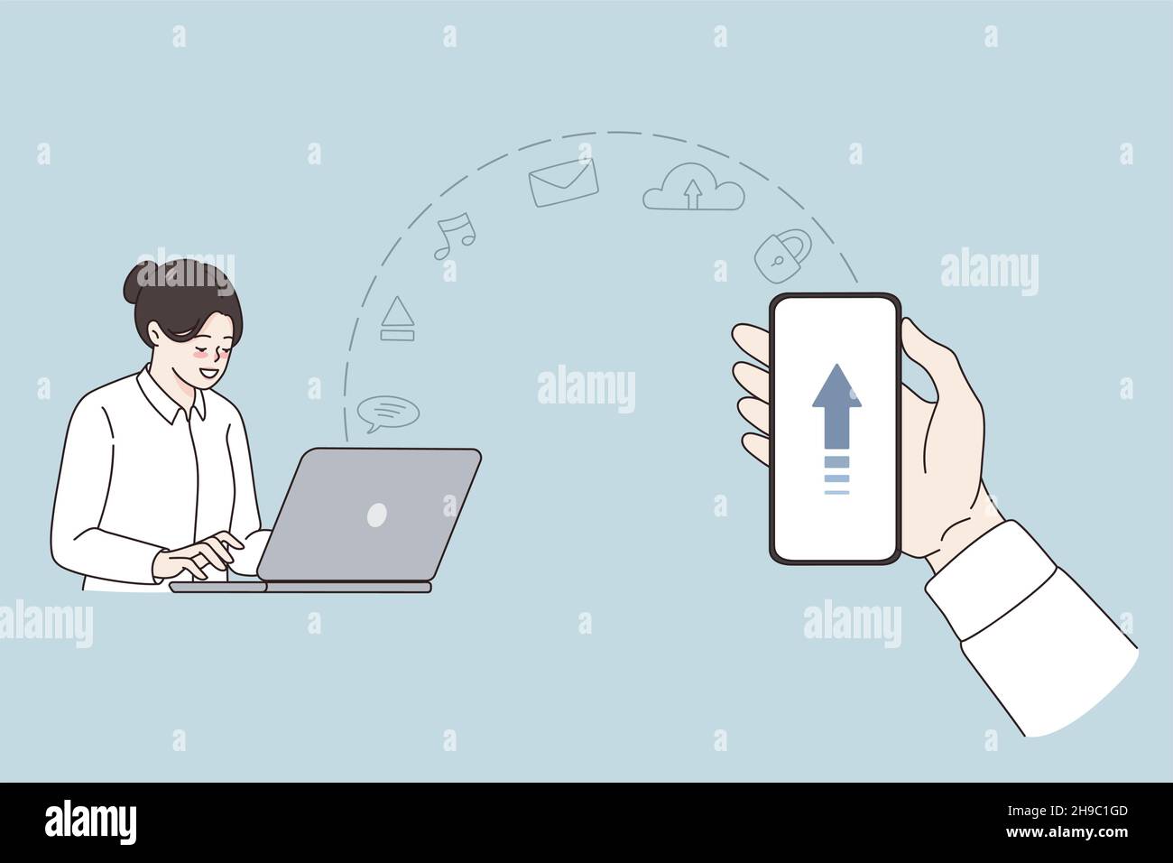 Downloading and information clouds concept. Hands of businessman ... Downloading and information clouds concept. Hands of businessman ...