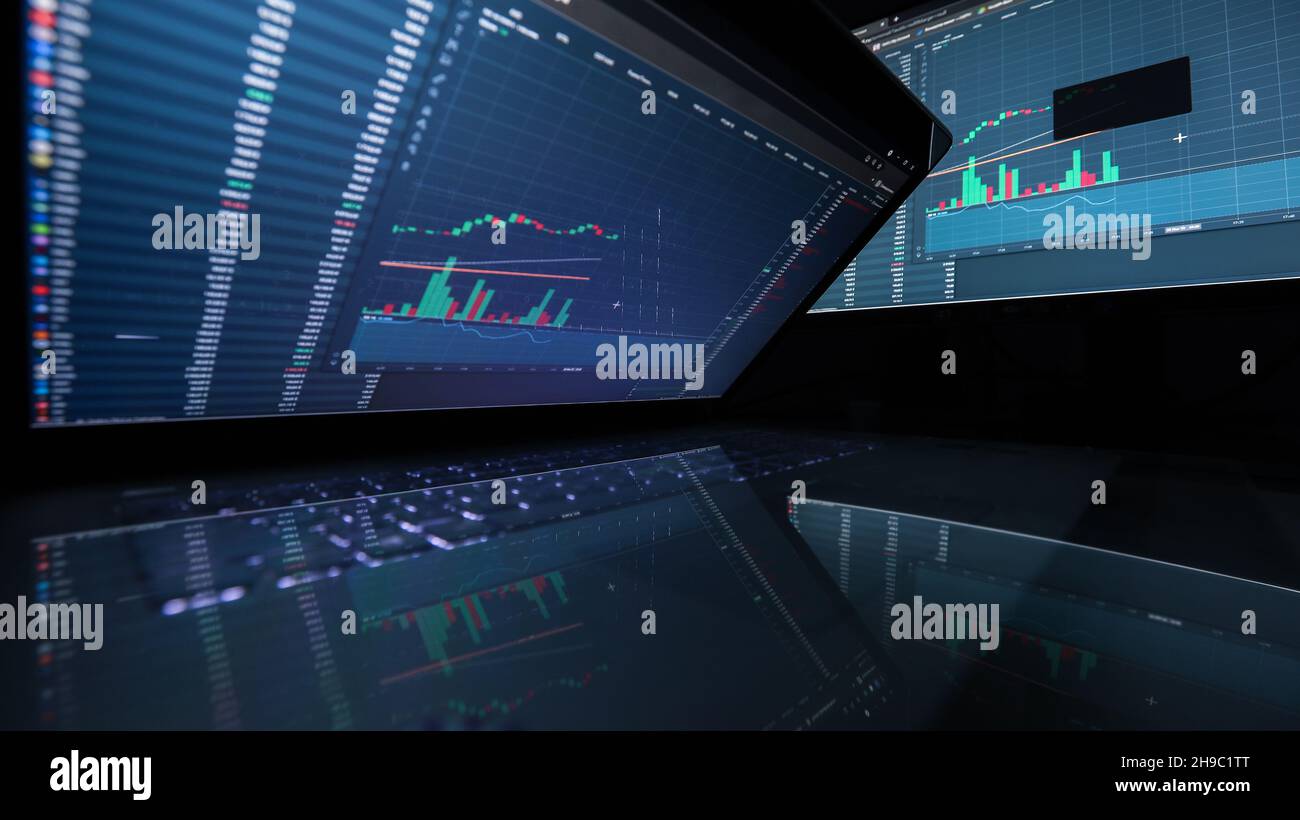 Laptop screen with stock market charts. Technical analysis and ...