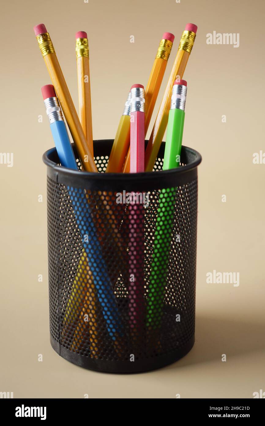 colorful pencils in a box on table Stock Photo - Alamy