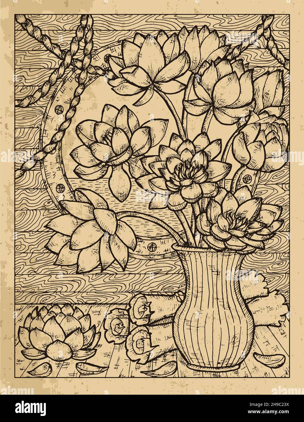Old textured illustration with bunch of lotus flowers on the table in ...