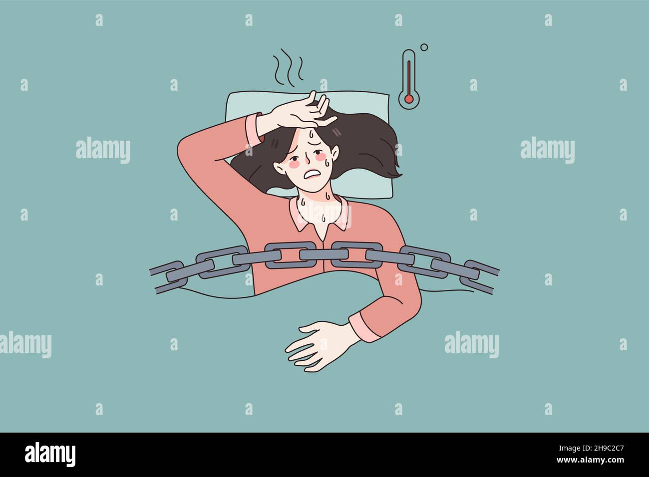 Fever and getting ill sick concept. Young woman staying in bed with ...