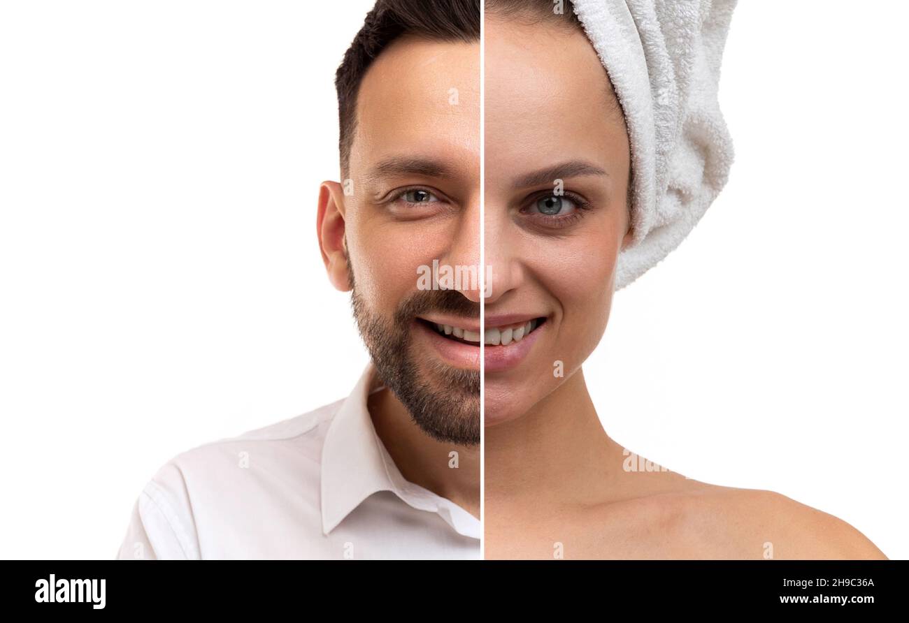 collage of male and female faces close-up with a smile, the concept of ...