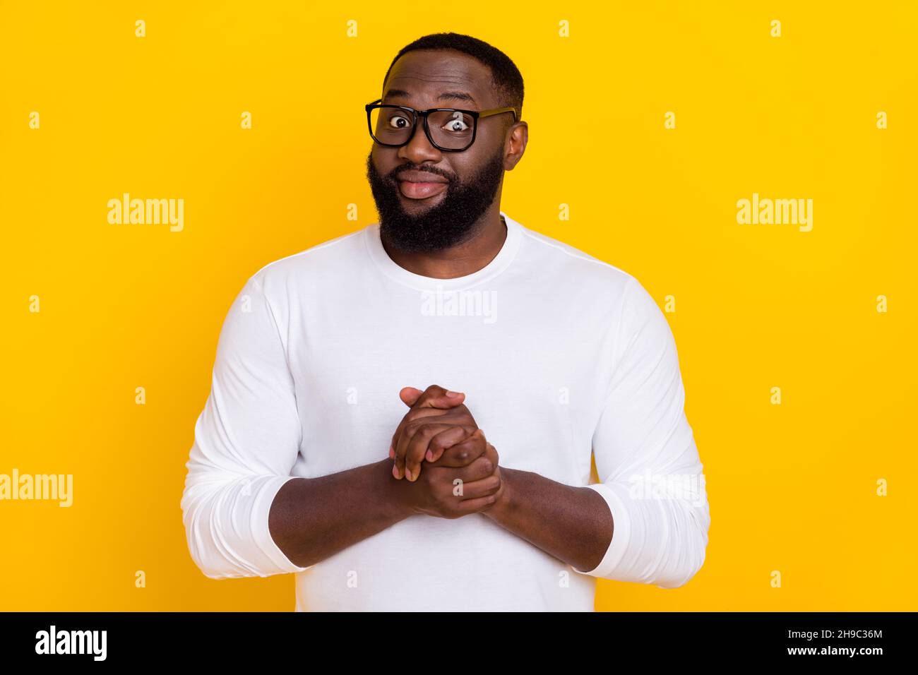 Photo of positive satisfied person arms palms folded look camera ...