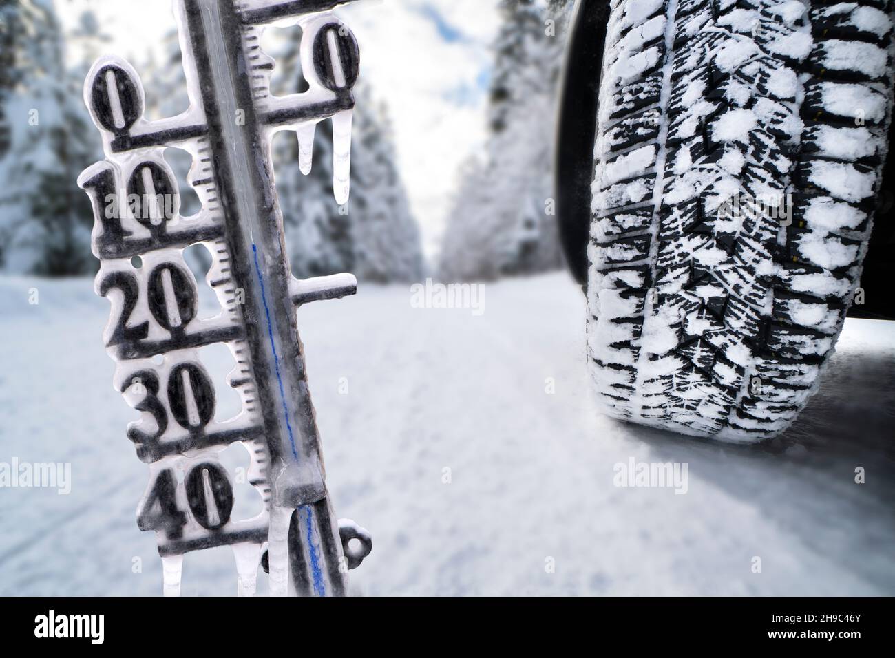thermometer with sub-zero temperatures warn of snow, ice and ...