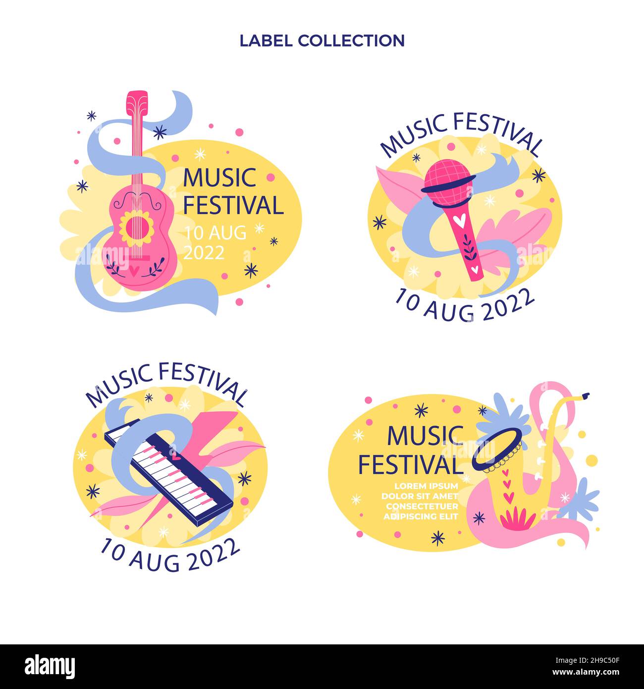 Hand drawn colorful music festival label set Vector illustration Stock ...