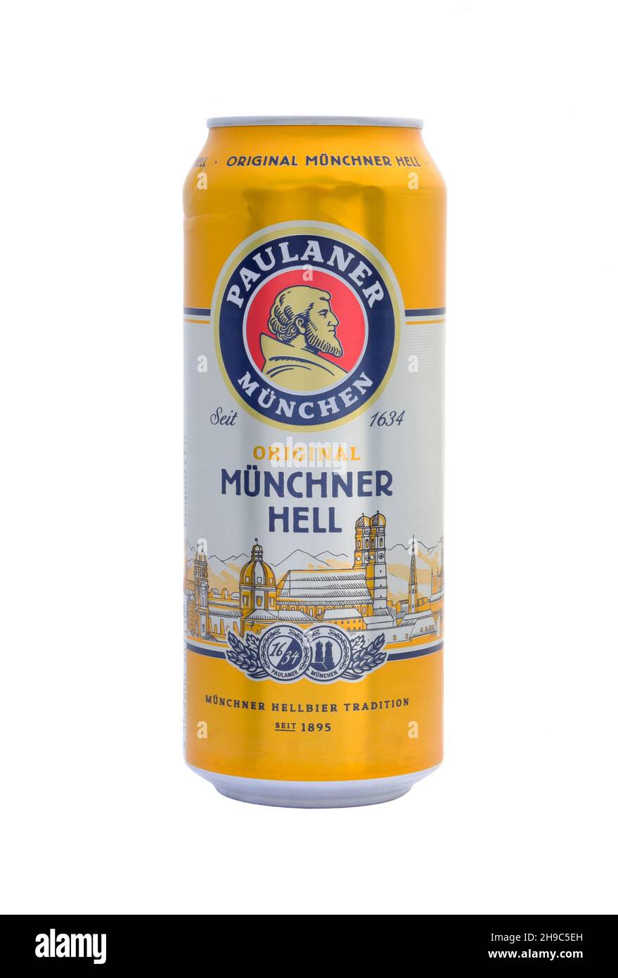 can of paulaner munchner hell lager cut out on white background Stock ...