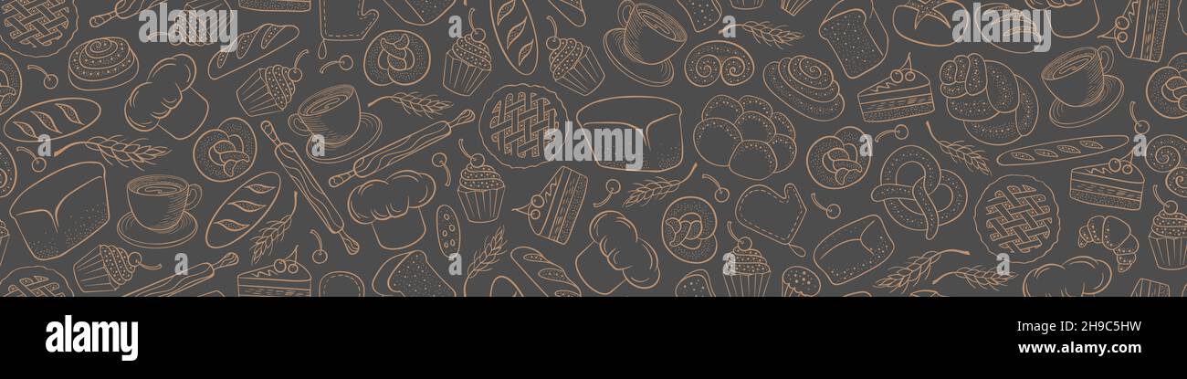 Bakery doodles background. Seamless horizontal border with cakes and ...