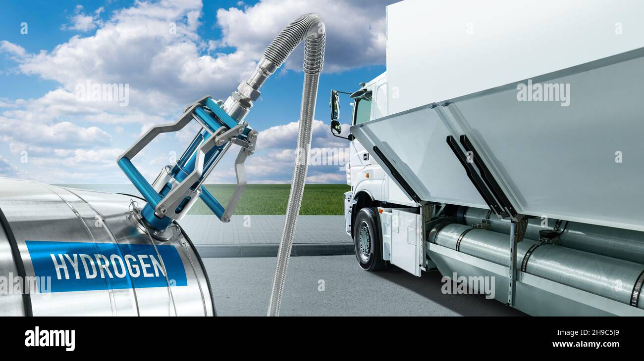 Hydrogen filling station and fuel cell truck concept Stock Photo - Alamy