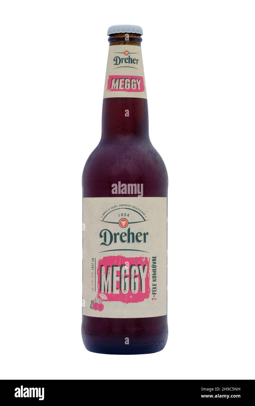 bottle of dreher meggy cherry flavoured lager cut out on white ...