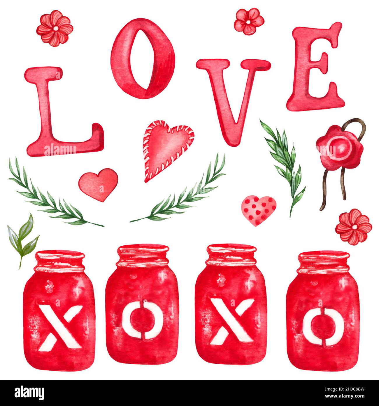 Watercolor Valentines Set of decorative elements. hearts, key, arrow ...