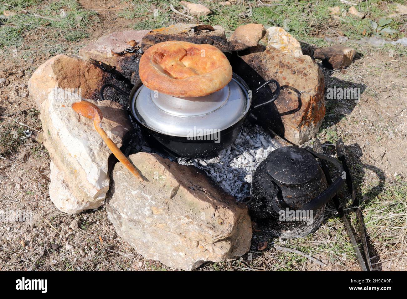 cooking food and tea in nature Stock Photo - Alamy