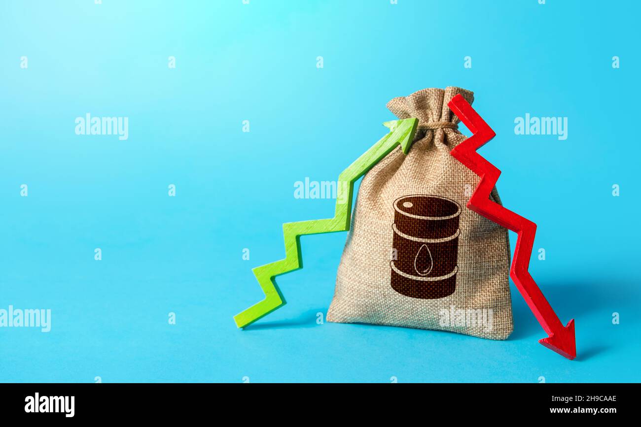 Bag with oil barrel and up down arrows. Energy crisis. Unstable power ...