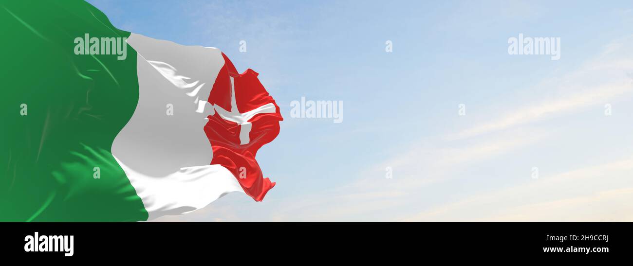 flag of Canton of Neuchatel , Switzerland at cloudy sky background on ...