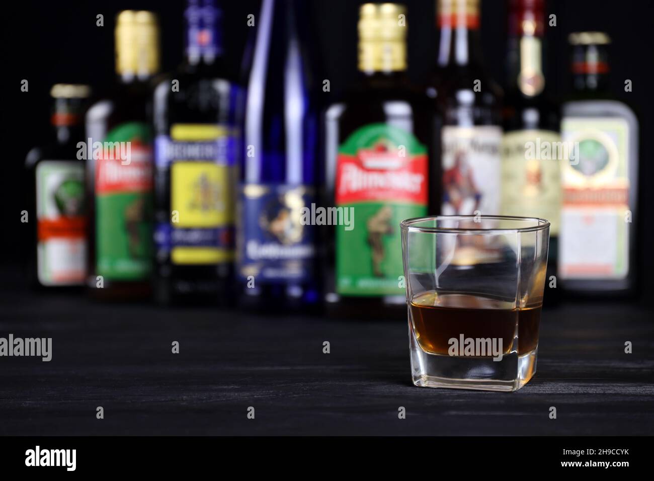 KHARKOV, UKRAINE - DECEMBER 3, 2020: Many famous branded alcohol ...