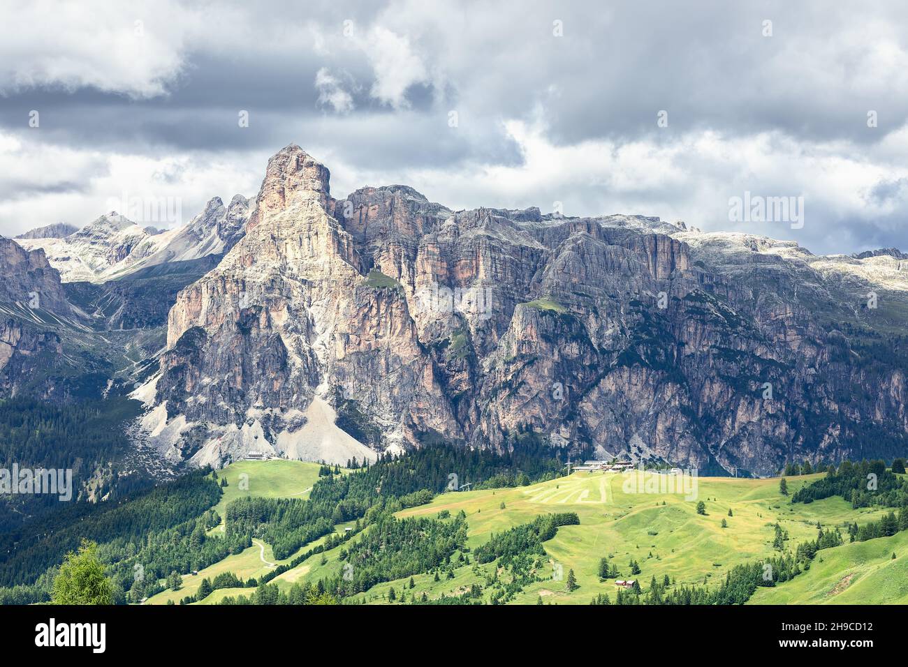 Alpine plateau at the foot of the mountain Sassongher with a detailed ...