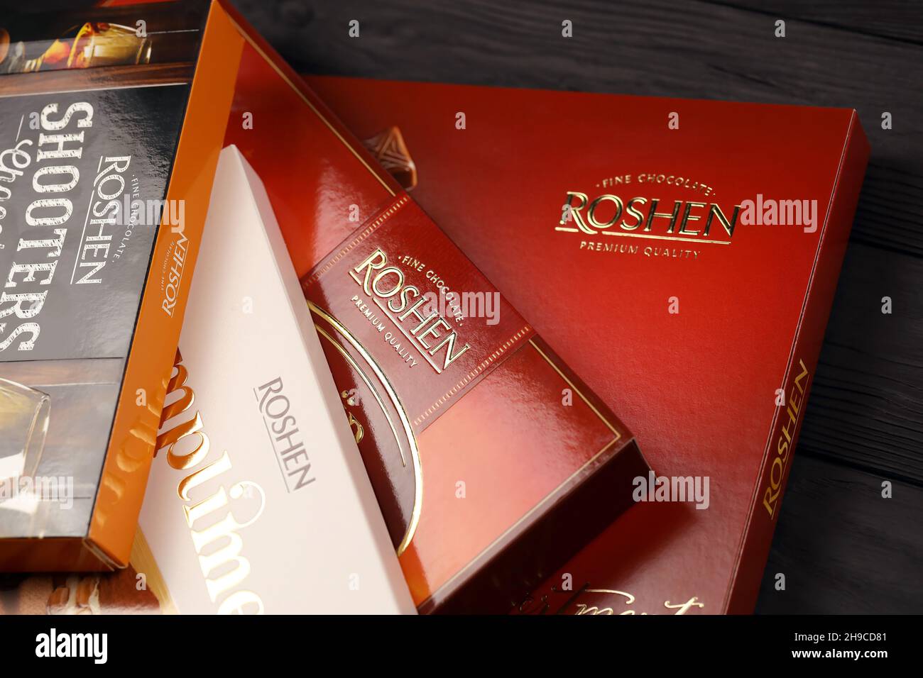 KHARKOV, UKRAINE - JANUARY 11, 2021: Roshen chocolate candies boxes ...