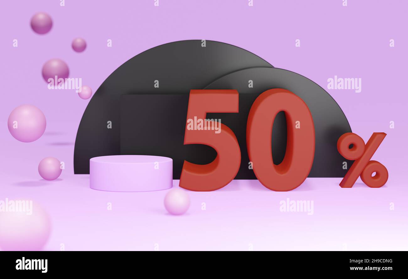 Discount 50 percent on an elegant pink background, pedestal. 3D Stock ...