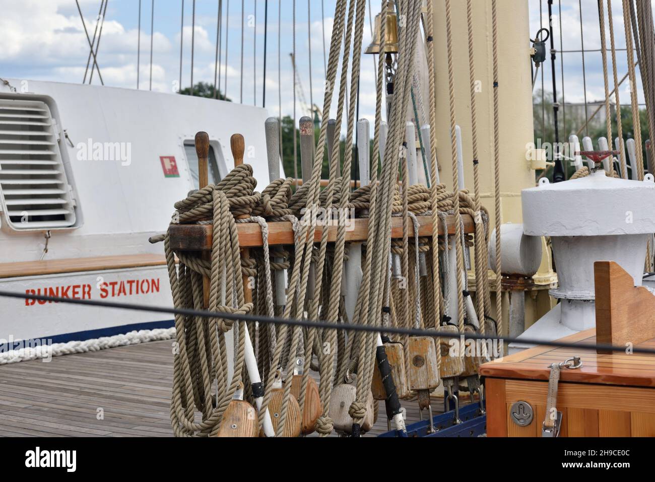 sailing ship deck with visible nagelbank and wooden rope blocks Stock ...