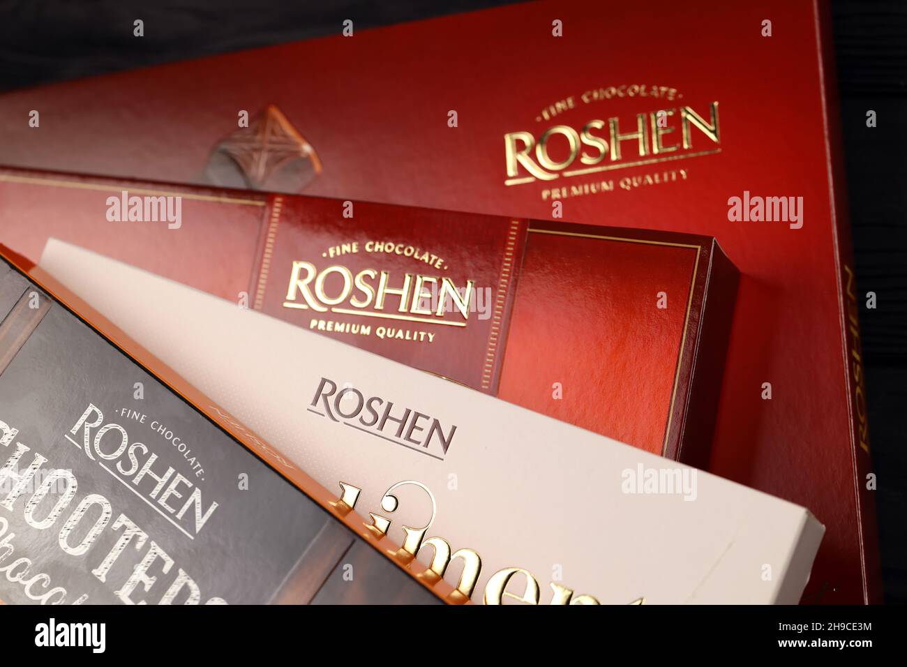 KHARKOV, UKRAINE - JANUARY 11, 2021: Roshen chocolate candies boxes ...