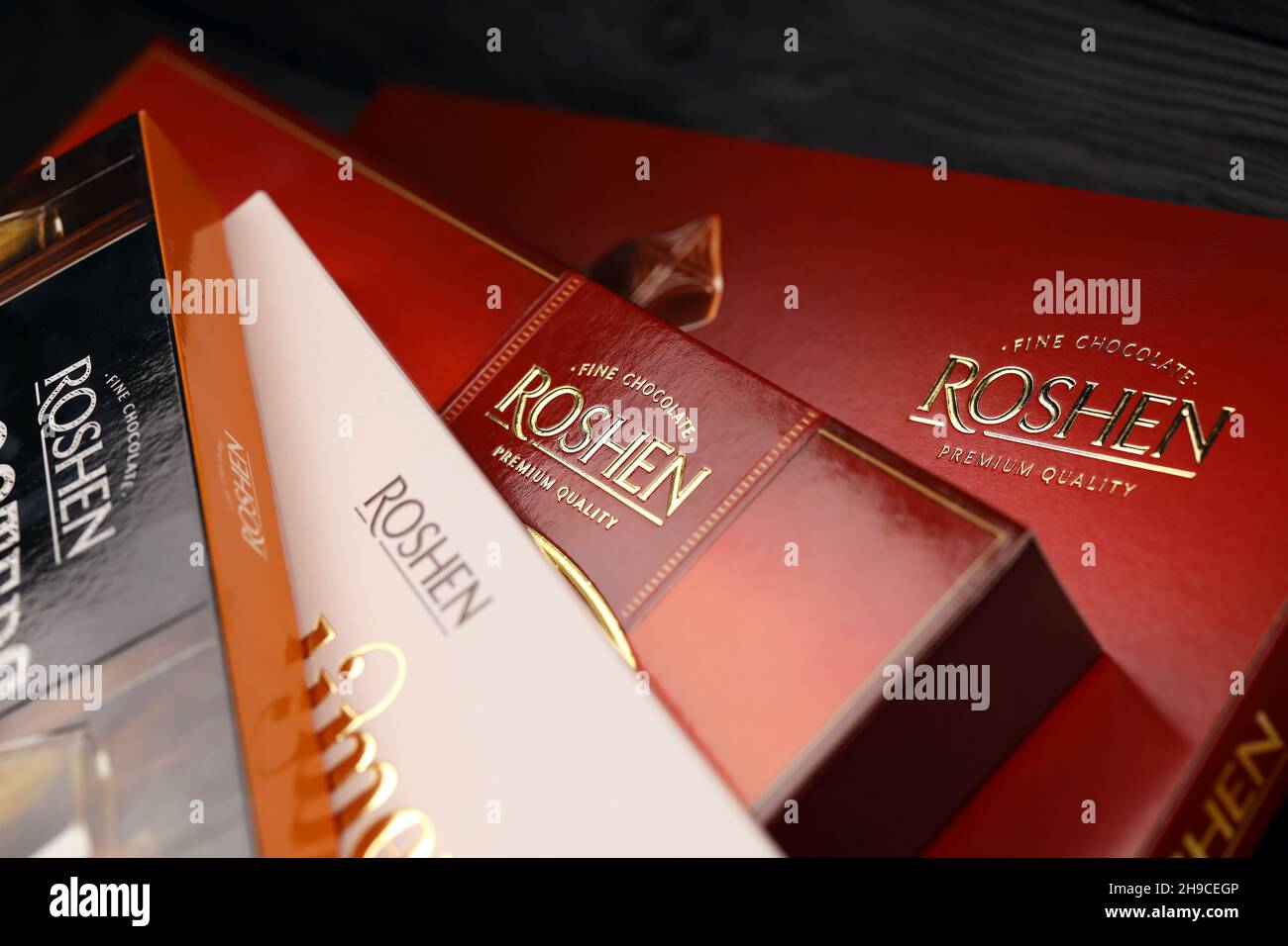 KHARKOV, UKRAINE - JANUARY 11, 2021: Roshen chocolate candies boxes ...