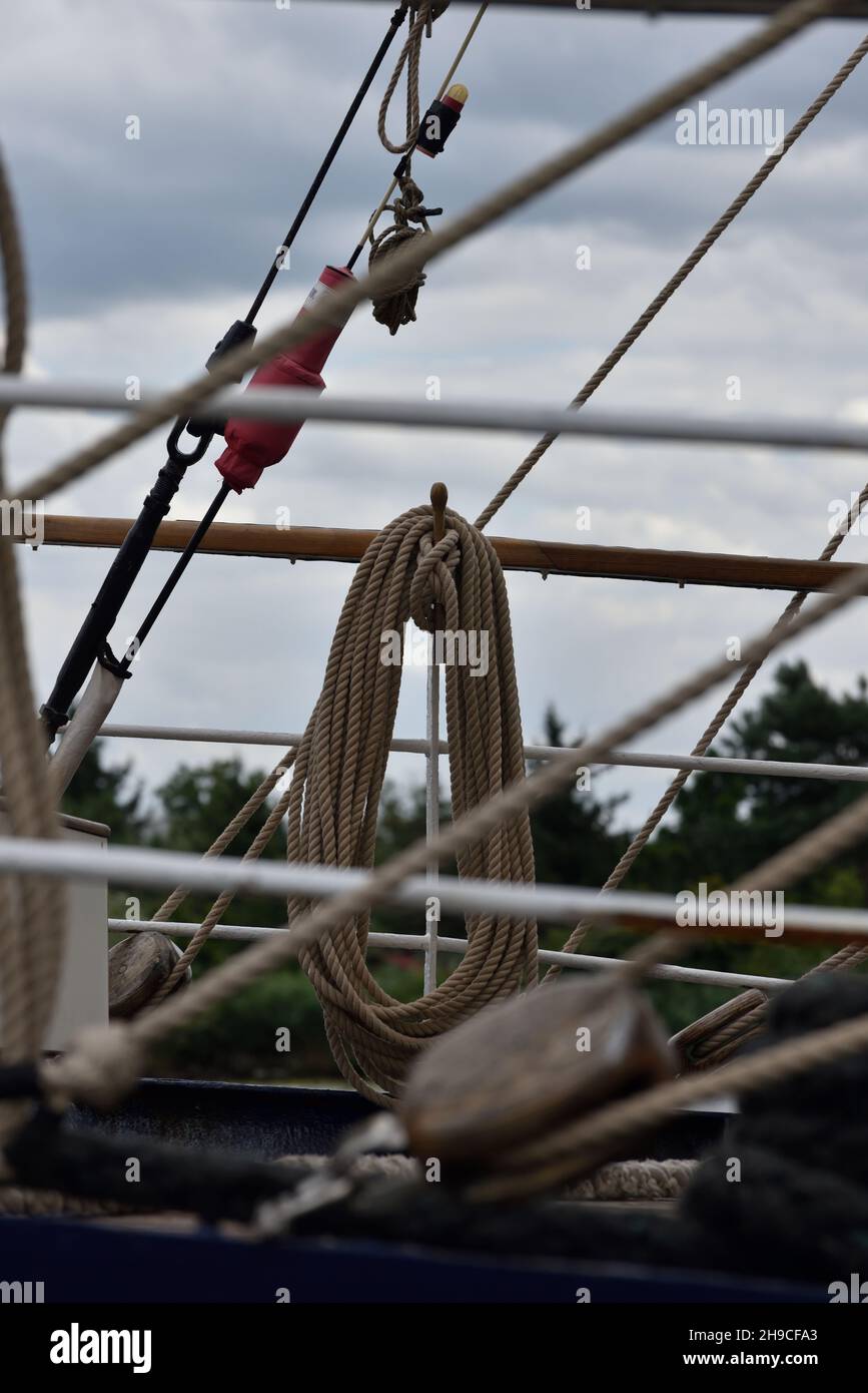 sailing ship deck with visible nagelbank and wooden rope blocks Stock ...