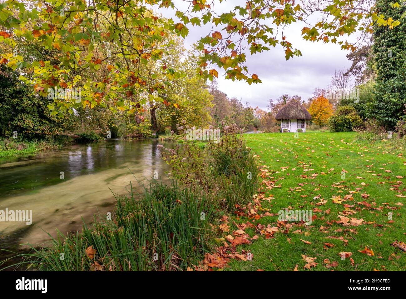 River Test bank with fishing hut Stock Photo - Alamy