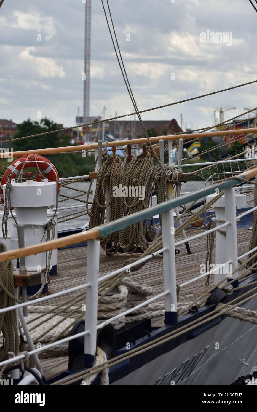 sailing ship deck with visible nagelbank and wooden rope blocks Stock ...