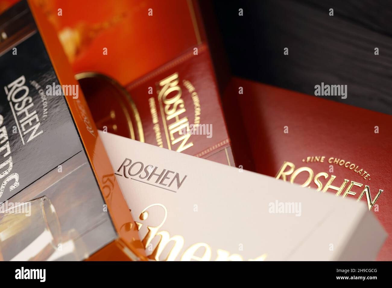 KHARKOV, UKRAINE - JANUARY 11, 2021: Roshen chocolate candies boxes ...