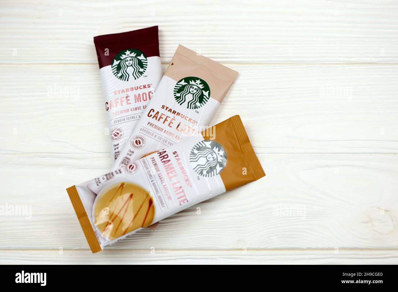 KHARKOV, UKRAINE - JULY 2, 2021: Starbucks coffee sticks with green ...