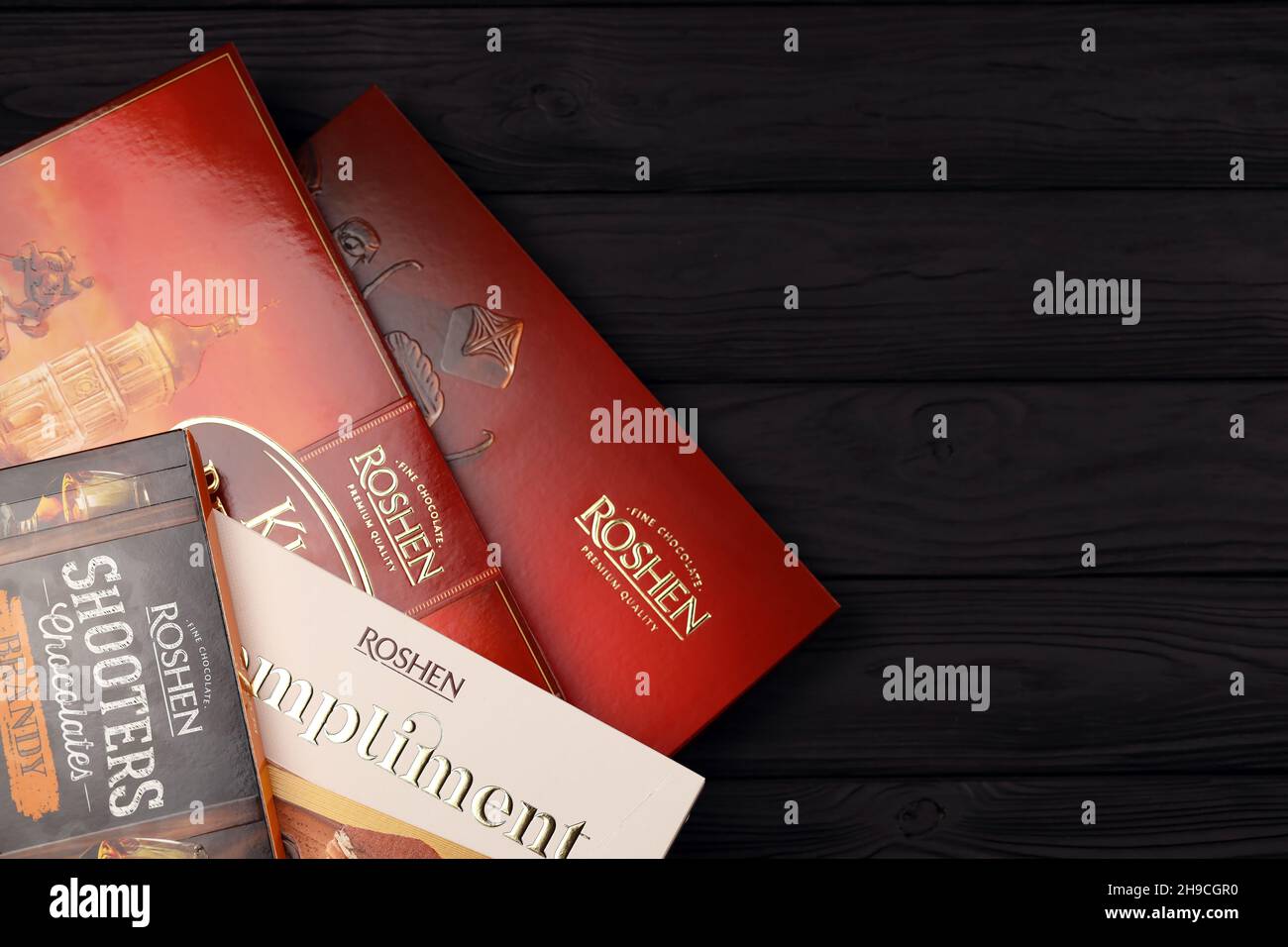 KHARKOV, UKRAINE - JANUARY 11, 2021: Roshen chocolate candies boxes ...